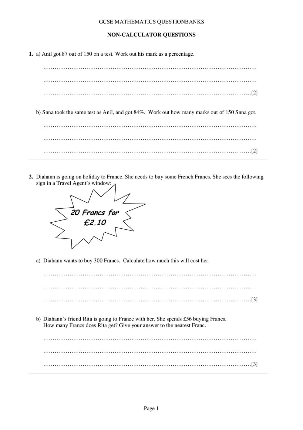 Non Calculator Questions Gcse Intermediate Maths Curriculum Press